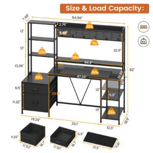 UPOSOJA Gaming Desk with Hutch, 65in Reversible Computer Desk with Power Outlets LED Light, Home Office Desk with Monitor Stand 2 Drawers 4 Storage Shelves Pegboard 8 Hooks Mouse Pad(Black)