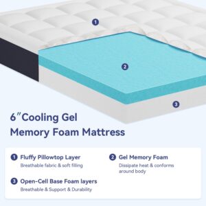 Topllen 6 Inch King Mattress in a Box, Cooling Gel Memory Foam Mattress with Breathable Pillowtop for Pressure Relief,Motion Isolation,Fiberglass-Free,CertiPUR-US® Certified,CertiPUR-US® Certified