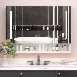 39x28 in bathroom mirror cabinet, bathroom storage cabinet with adjustable led lights, mirror with storage, wall-mounted medicine cabinet with defogging mirror, towel rail & multiple shelves (39x28)