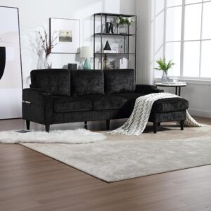 xuwanshang 77.36" modular sectional sofa couch, chenille fabric l shaped sectional couches 3 seater couches with storage ottoman cup holders side pockets for small spaces living room office, black