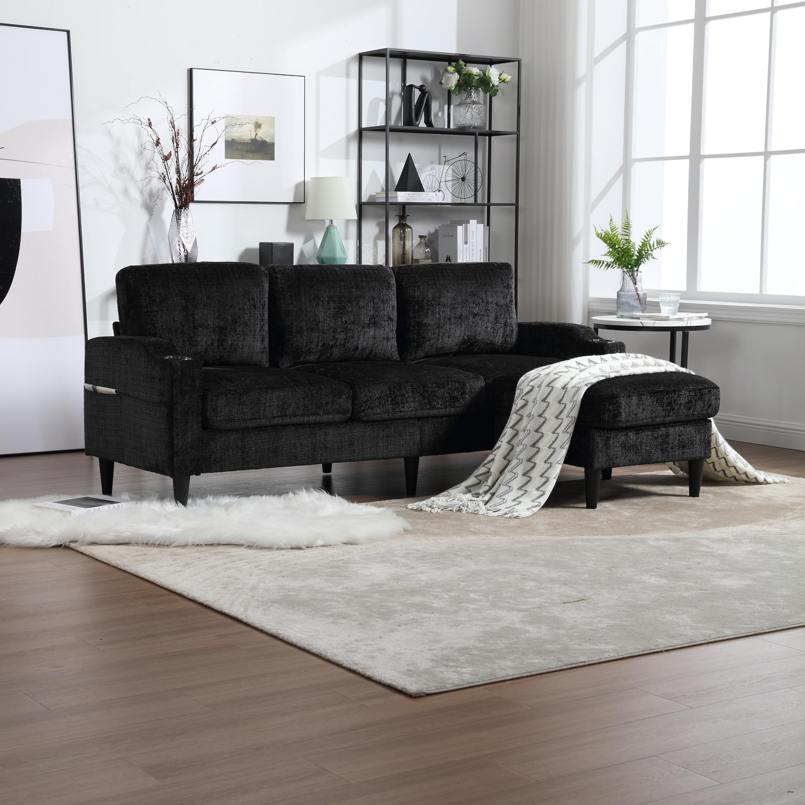 XUWANSHANG 77.36" Modular Sectional Sofa Couch, Chenille Fabric L Shaped Sectional Couches 3 Seater Couches with Storage Ottoman Cup Holders Side Pockets for Small Spaces Living Room Office, Black