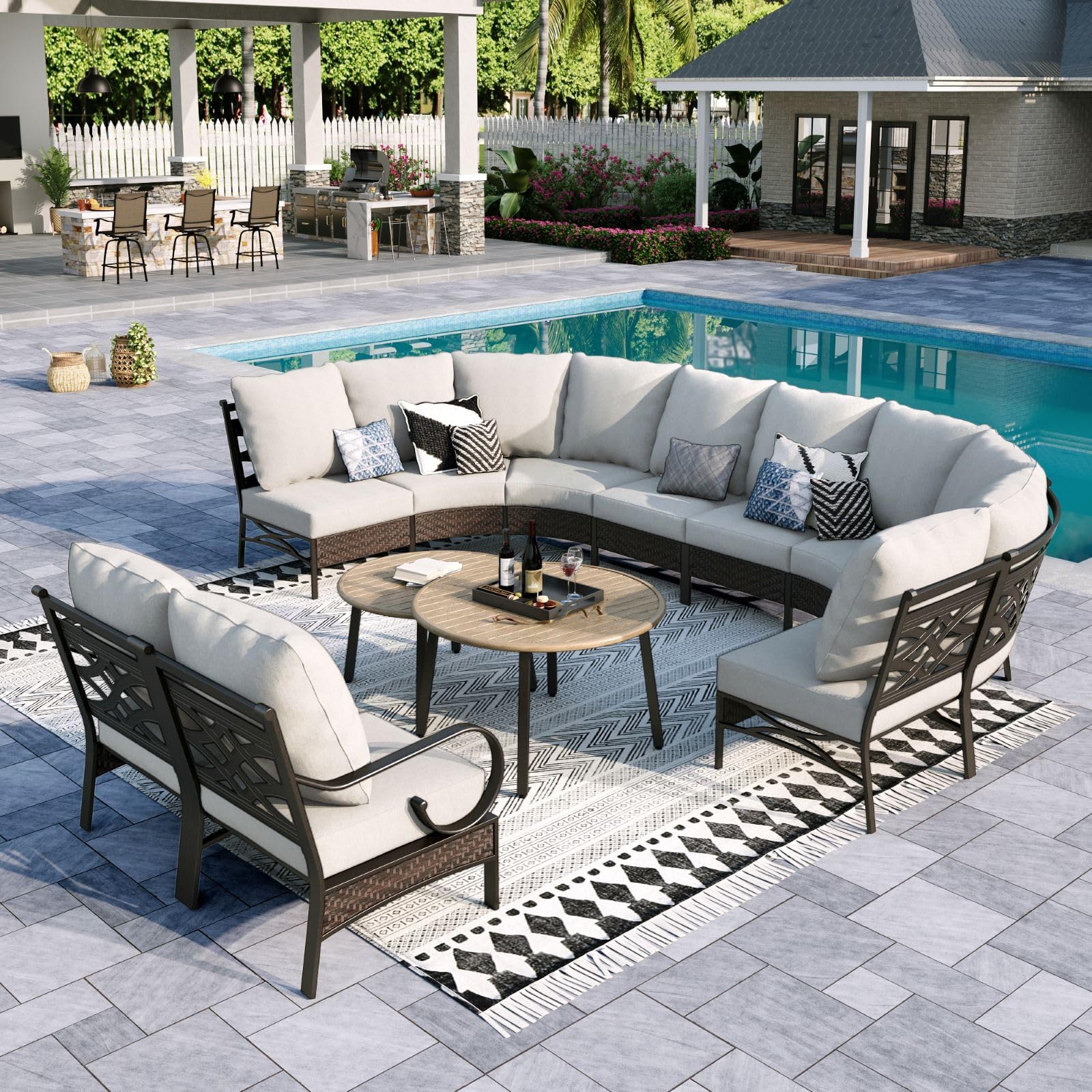 Sophia & William Outdoor Patio Furniture Set, 10 Seats Half-Moon Curved Sectional Sofa with 2 Round Coffee Table, Outdoor Rattan Patio Conversation Set, Beige