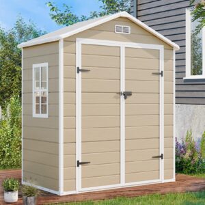 sellerwe 6x3 ft resin storage shed, waterproof outdoor storage shed with floor, window, double lockable doors & 2 vents, tool shed for patio garden, lawn, backyard, light brown