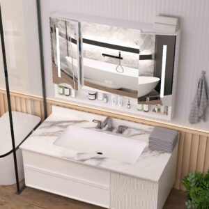 39x28 in Bathroom Mirror Cabinet, Bathroom Storage Cabinet with Adjustable LED Lights, Mirror with Storage, Wall-Mounted Medicine Cabinet with Defogging Mirror, Towel Rail & Multiple Shelves (39x28)