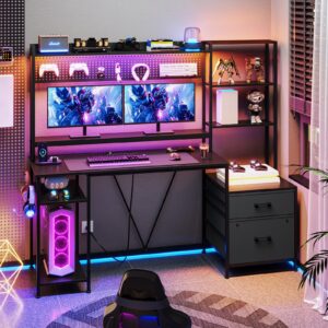 UPOSOJA Gaming Desk with Hutch, 65in Reversible Computer Desk with Power Outlets LED Light, Home Office Desk with Monitor Stand 2 Drawers 4 Storage Shelves Pegboard 8 Hooks Mouse Pad(Black)