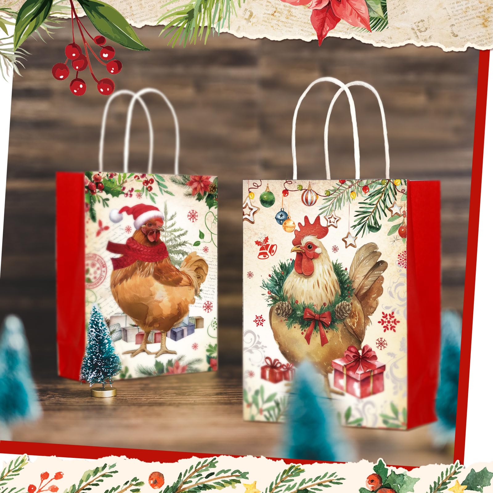 Trandraft 12 Pcs Christmas Kraft Gift Bags with Handles Christmas Goody Bags Holiday Paper Gift Bags Heavy Duty Gift Bags for Christmas Treats Goody Holiday Party Supplies Favors(Chicken)