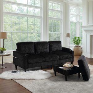 XUWANSHANG 77.36" Modular Sectional Sofa Couch, Chenille Fabric L Shaped Sectional Couches 3 Seater Couches with Storage Ottoman Cup Holders Side Pockets for Small Spaces Living Room Office, Black