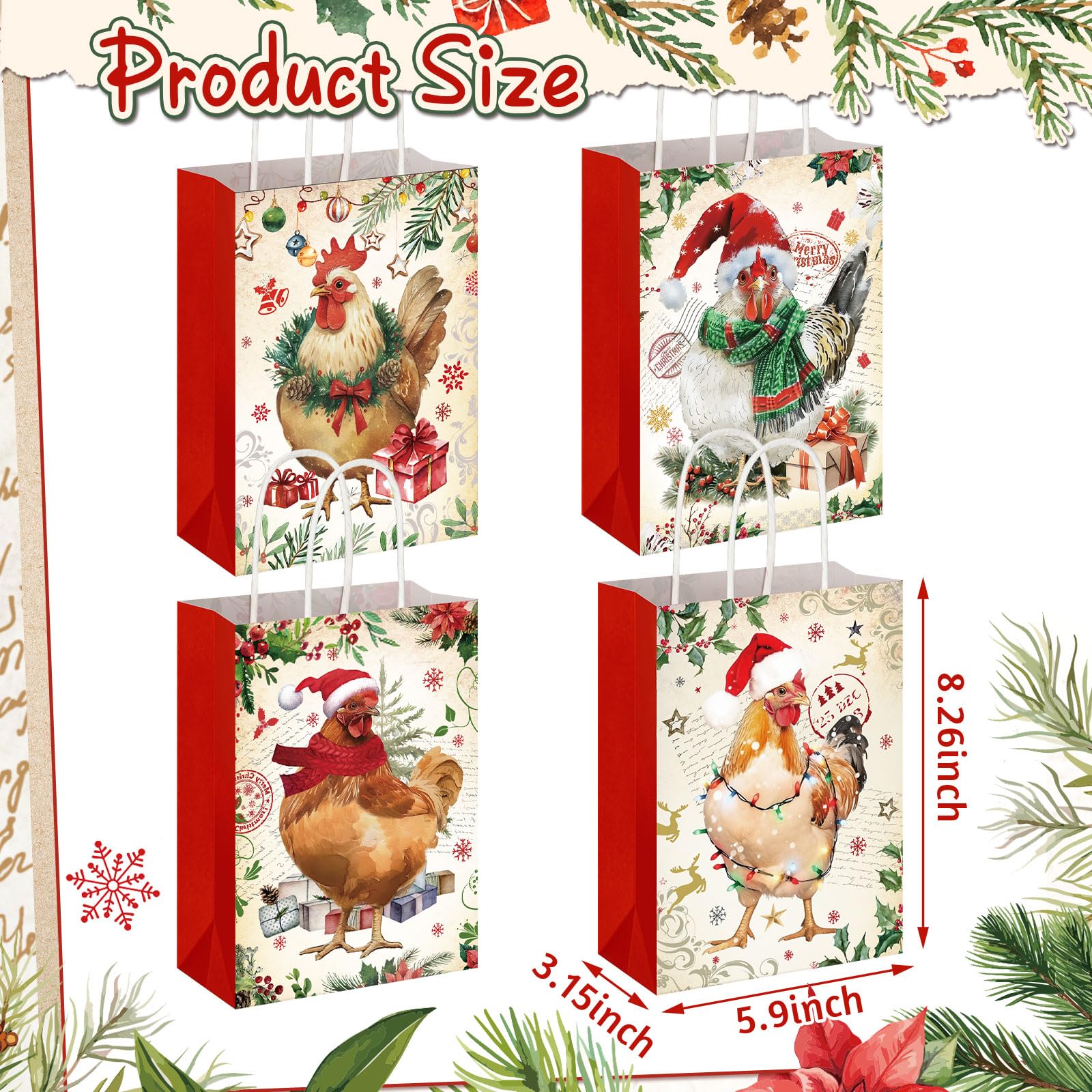 Trandraft 12 Pcs Christmas Kraft Gift Bags with Handles Christmas Goody Bags Holiday Paper Gift Bags Heavy Duty Gift Bags for Christmas Treats Goody Holiday Party Supplies Favors(Chicken)