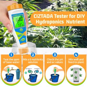 CIZTADA pH Meter for Water Digital EC and PPM Meter for Hydroponics Nutrient 4 in 1 pH EC TDS Temperature Tester with Large Display for Indoor Plant Grow DWC Setup Aeroponic Pool Aquarium