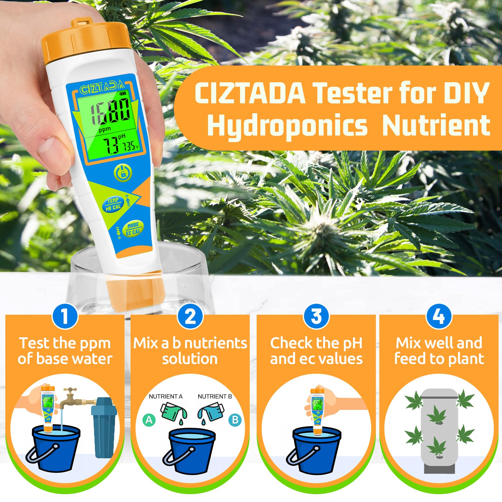 CIZTADA pH Meter for Water Digital EC and PPM Meter for Hydroponics Nutrient 4 in 1 pH EC TDS Temperature Tester with Large Display for Indoor Plant Grow DWC Setup Aeroponic Pool Aquarium