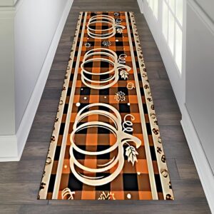 ushirug thanksgiving runner rug, 2x10ft, thanksgiving buffalo plaid fall non-slip hallway rug, washable farmhouse orange black kitchen runner rug, non-slip durable rug for entrance kitchen decorative