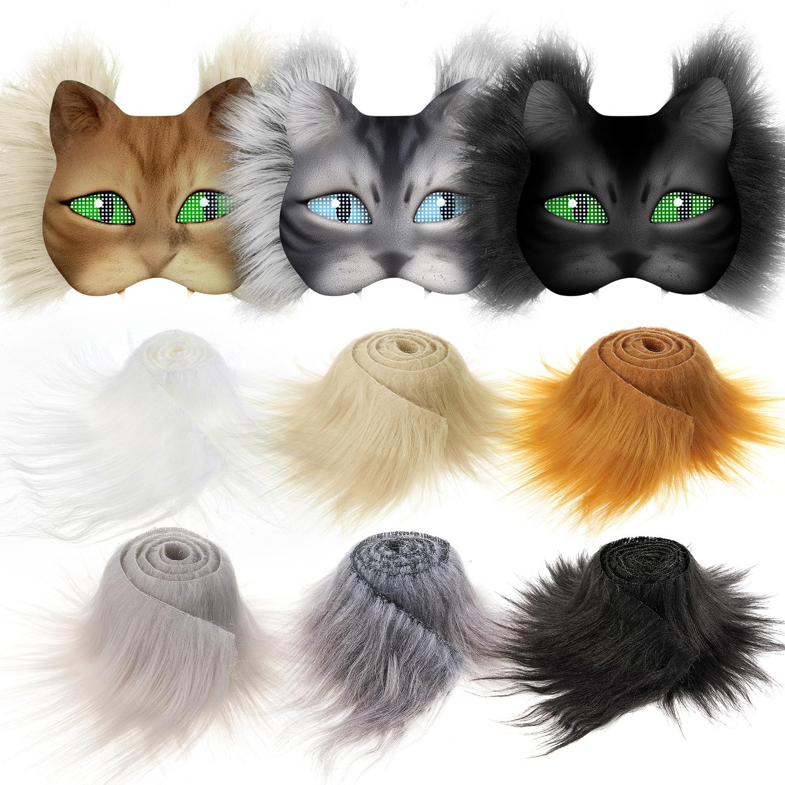 Seenelling 6 Pcs Faux Fur Strips For Therian Mask Fluffy Fuzzy Fur Fabric Craft Fur for Therian Gear Furry Mask DIY Material(Vibrant Color,6 Pcs)