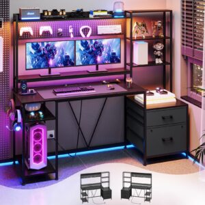 uposoja gaming desk with hutch, 65in reversible computer desk with power outlets led light, home office desk with monitor stand 2 drawers 4 storage shelves pegboard 8 hooks mouse pad(black)