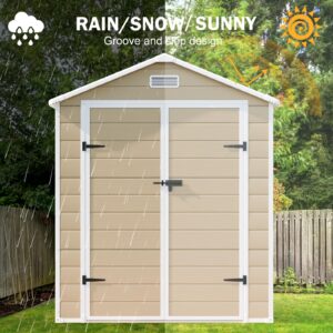 SELLERWE 6x3 FT Resin Storage Shed, Waterproof Outdoor Storage Shed with Floor, Window, Double Lockable Doors & 2 Vents, Tool Shed for Patio Garden, Lawn, Backyard, Light Brown