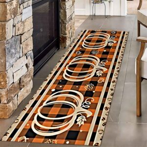 USHIRUG Thanksgiving Runner Rug, 2x10ft, Thanksgiving Buffalo Plaid Fall Non-Slip Hallway Rug, Washable Farmhouse Orange Black Kitchen Runner Rug, Non-Slip Durable Rug for Entrance Kitchen Decorative