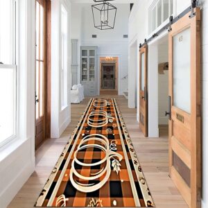 USHIRUG Thanksgiving Runner Rug, 2x10ft, Thanksgiving Buffalo Plaid Fall Non-Slip Hallway Rug, Washable Farmhouse Orange Black Kitchen Runner Rug, Non-Slip Durable Rug for Entrance Kitchen Decorative