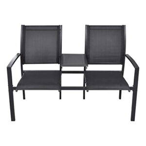 EVERSTRO 2 Seater Patio Bench 51.6" Steel and Textilene Black,Contemporary Double Outdoor Patio Chair with GlassTop Shelf in Black Garden Furniture, Outdoor Seating