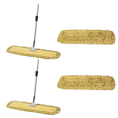 24 Inch Yellow Dust Mop with Metal Handle and 24 Inch Dust Mop Refill Bundle - 2 Mop Sets and 2 Refills