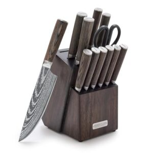 greenpan x bobby flay 13 piece stainless steel cutlery kitchen knife block set, premium stainless steel blades, acacia wood knife block, hand finished wood handle, damascus steel design