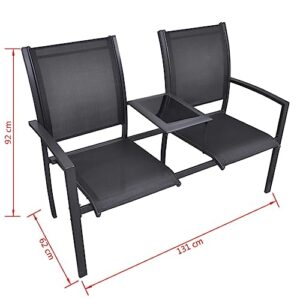 EVERSTRO 2 Seater Patio Bench 51.6" Steel and Textilene Black,Contemporary Double Outdoor Patio Chair with GlassTop Shelf in Black Garden Furniture, Outdoor Seating