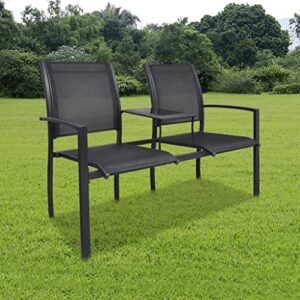 everstro 2 seater patio bench 51.6" steel and textilene black,contemporary double outdoor patio chair with glasstop shelf in black garden furniture, outdoor seating