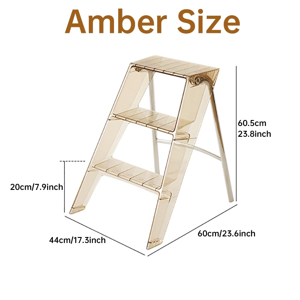 Folding Step Stool for Adults, 3 Step Ladder for Kitchen, Library Step Stool Acrylic Chair with Anti-Slip Platform and Steel Frame, Storage Shelf for Garden, 170lbs Capacity (Amber)