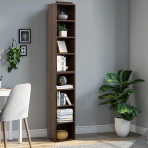 MAKIAAP Dark Brown Tall Narrow Bookshelf,8-Tiers Bookcase with Adjustable Shelves,Double-Decker Combination Thin Media Tower Rack,CD DVD Slim Storage Cabinet for Living Room,Bedroom,Studio and Office