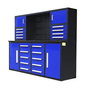 ttbka 7' garage storage cabinet with workbench 18 drawers, 4 cabinets, pegboard size:87" l x 23" w x 67" h (blue)