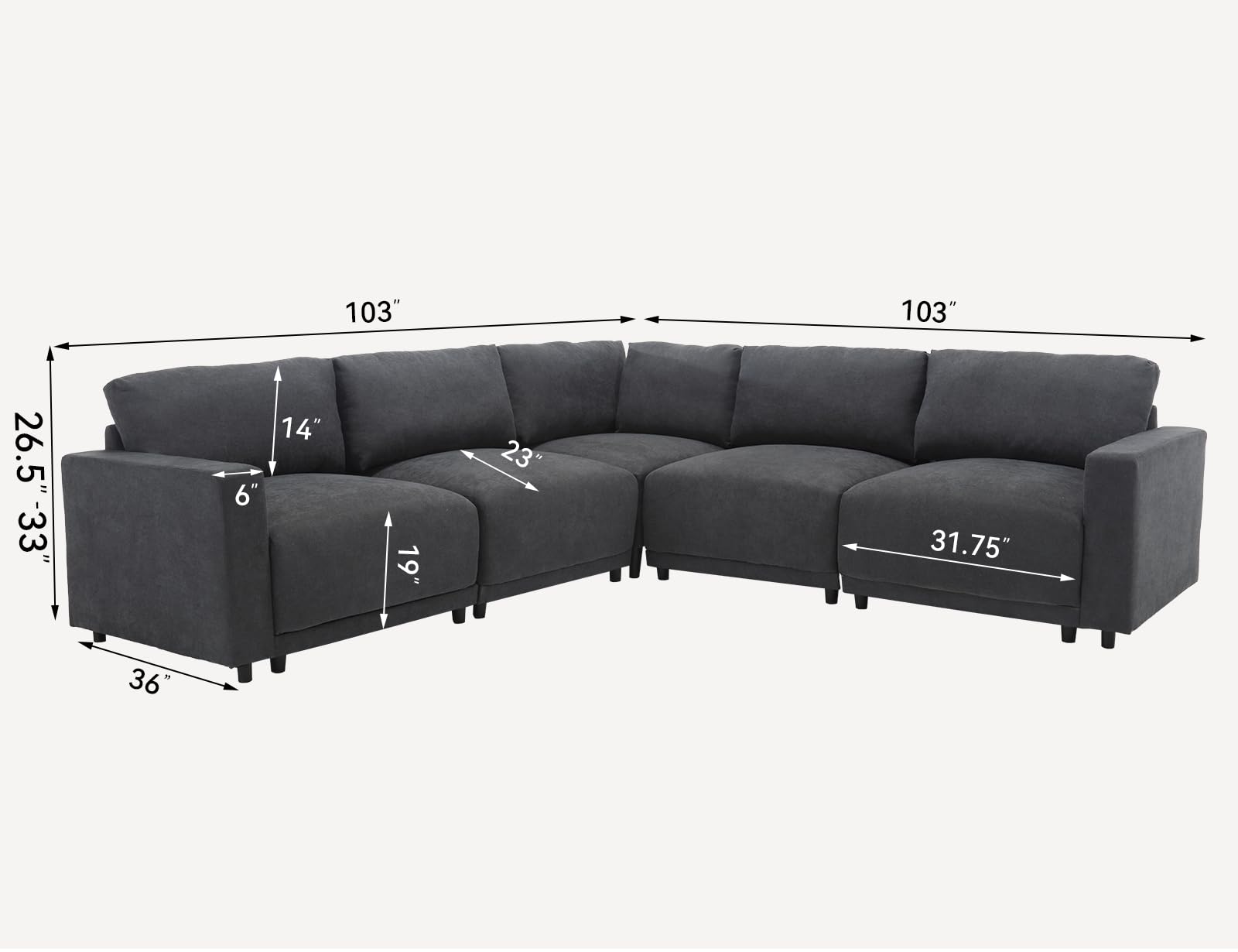 Txtin's 5 Seater L Shaped Couches for Living Room, 103" V Shaped Sectional Corner Couch, Modular Sectional Sofa for Living Room Set, Grey