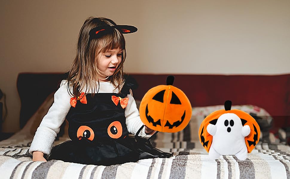 GYNAKJ Halloween Pumpkin Ghost Plush Toy with Zipper – Cute Jack-o’-Lantern Ghost Pillow Decoration – Soft and Cuddly for Boys and Girls Plush Toy