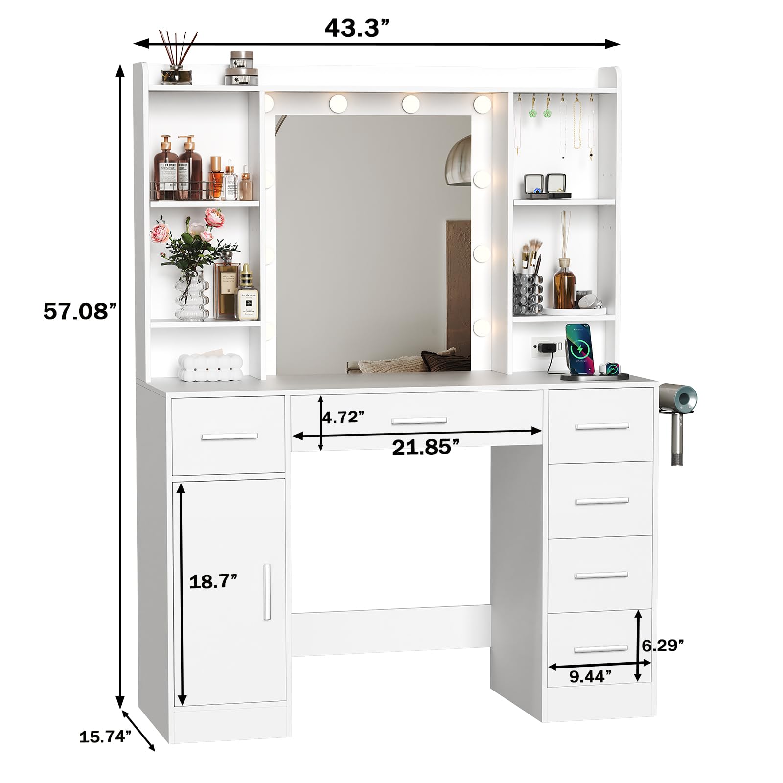 ISHARINGTIME Vanity Desk with Mirror and Lights, Makeup Vanity with Cabinet, Makeup Desk Vanity Table with 6 Drawers & Power Outlet, White Vanity 3 Lighting Modes Brightness Adjustable for Bedroom