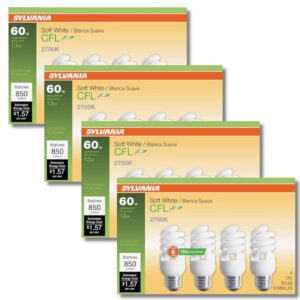 sylvania cfl t2 twist light bulb, 60w equivalent, efficient 13w, 850 lumens, medium base, 2700k, soft white - 4 pack of 4 (16 bulbs)