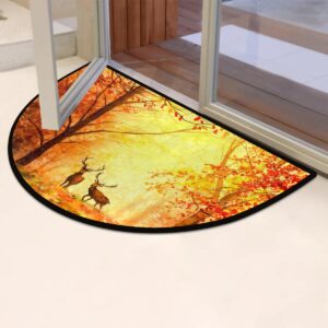 Half Round Door Mat Fall Deer Washable Half Circle Area Rugs Christmas Deer Non Slip Half Moon Rug Semi Circle Bathroom Rugs Floor Carpet for Kithen Bedroom Indoor Fireplace Decor