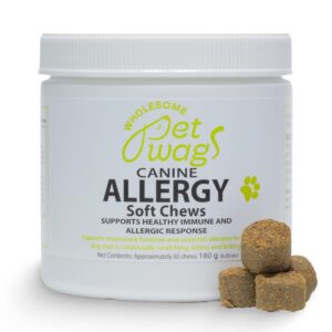 wholesome pet wags canine allergy soft chews | dog allergy relief supplements, anti itch bites for dogs, for healthy immune response, for itchy skin, probiotic treats | 60 chews, 180g, 6.35 oz