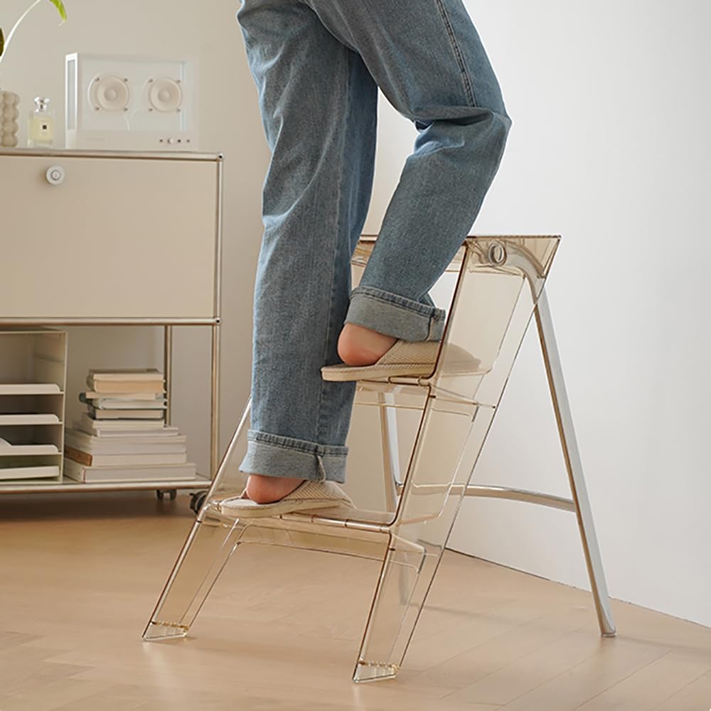 Folding Step Stool for Adults, 3 Step Ladder for Kitchen, Library Step Stool Acrylic Chair with Anti-Slip Platform and Steel Frame, Storage Shelf for Garden, 170lbs Capacity (Amber)