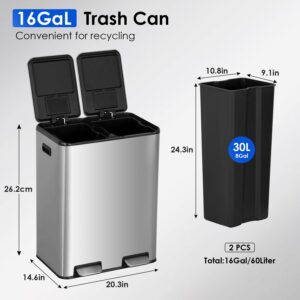 Trash Can,Stainless Steel Trash Can with Hinged Lids,Dual Trash and Recycling Bins for Kitchen,60 Liter(2x30L) 16 Gallon,Foot Pedals Garbage Can,Soft Close,Side Handles