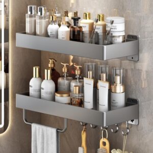 YISMAN Floating Shelves Wall Mounte,with Towel Bar and 5 Hooks, Storage Shelves Organizer for Bathroom, Kitchen, Balcony,Set of 2 (14.96 Grey)