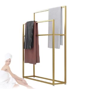 gold towel holder stand for bathroom floor, stand alone towel hanger bath towel rack 2 arms towel bars, metal towel shelf for pool area outside bedroom kitchen bathroom(gold, 75 x 20 x 110 cm)