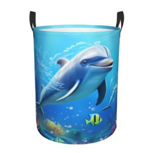 cute dolphin printed circular hamper laundry basket for bathroom toy storage organizer basket collapsible round with handles laundry hamper