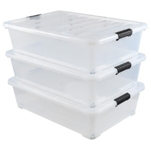 gloreen 3 pack large under bed storage boxes with wheels, 50 quart clear plastic lidded storage bins