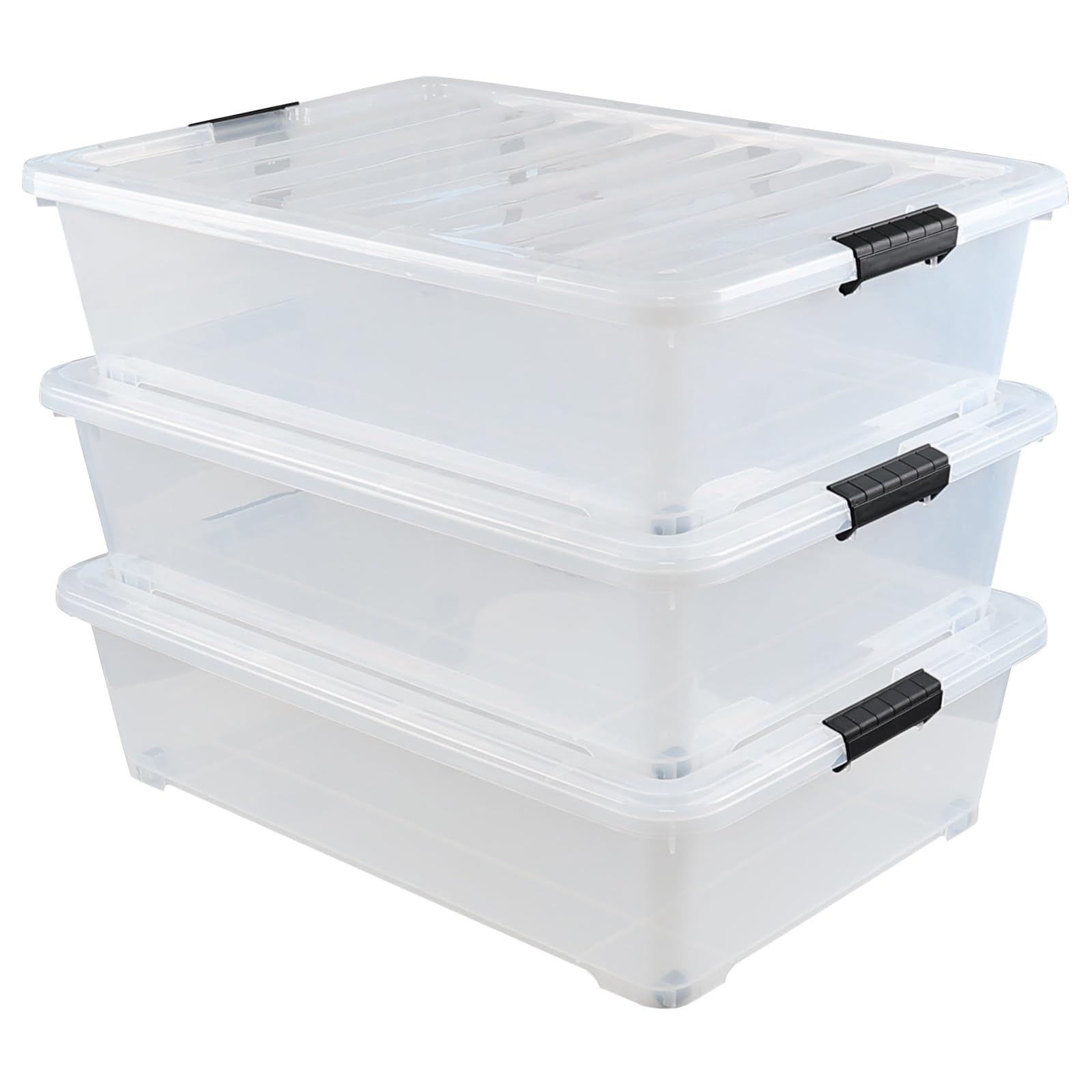 Gloreen 3 Pack Large Under Bed Storage Boxes with Wheels, 50 Quart Clear Plastic Lidded Storage Bins