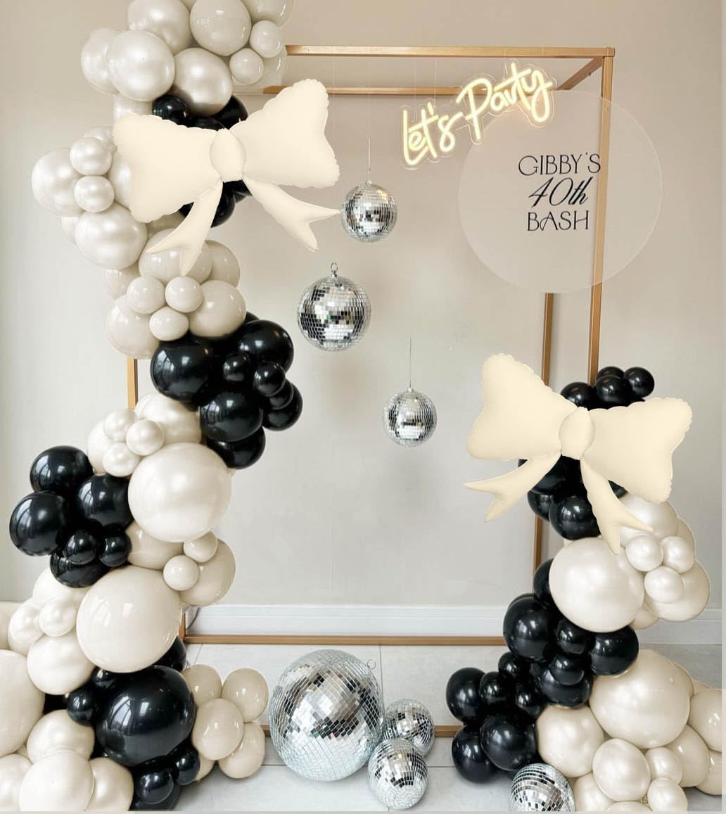 Bow Balloon Garland Arch Kit, 146 Pcs Black and White Bowtie Iridescent Disco Ball Foil Balloon for Birthday Anniversary Wedding Bridal Gender Reveal Supplies Bachelorette Tea Ribbon Party Decoration