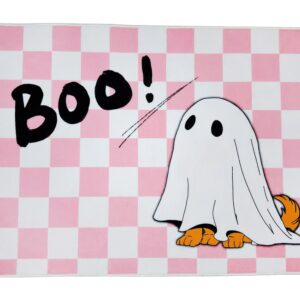 Twelve Studio Halloween Boo Doormat, Cute Spooky Ghost Dog Indoor Outdoor Welcome Mat, Washable Anti-Slip Rug for Entrance Kitchen Bathroom Halloween Decoration, 2’x3' Pink White Checkerboard