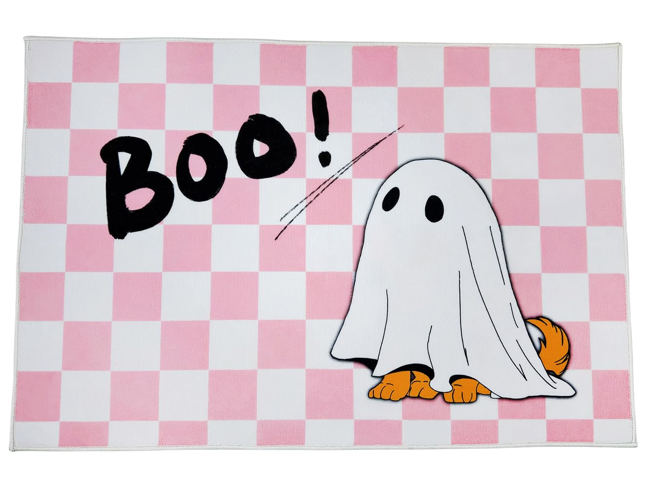 Twelve Studio Halloween Boo Doormat, Cute Spooky Ghost Dog Indoor Outdoor Welcome Mat, Washable Anti-Slip Rug for Entrance Kitchen Bathroom Halloween Decoration, 2’x3' Pink White Checkerboard