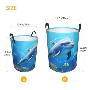 Cute Dolphin Printed Circular Hamper Laundry Basket For Bathroom Toy Storage Organizer Basket Collapsible Round With Handles Laundry Hamper