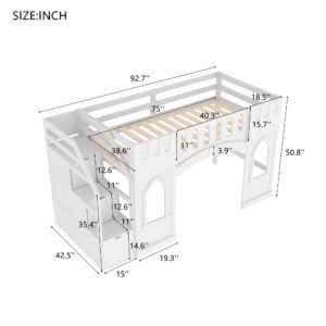 Harper & Bright Designs Twin Size Loft Bed with Storage Staircase and Window, Wood Playhouse Bed Frame with Storage for Boys, Girls, Gray,White