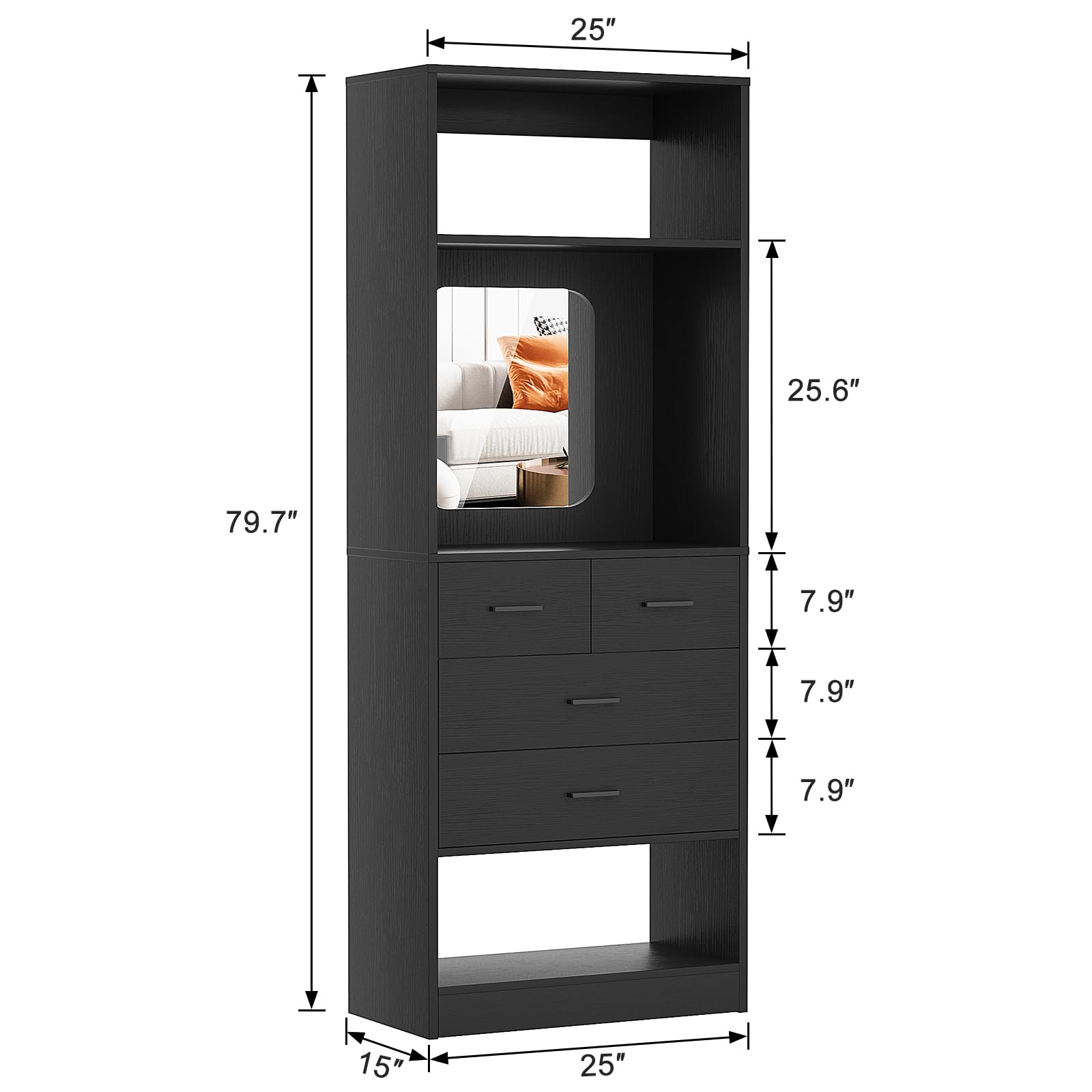 Unikito Closet System with Drawer, 25 Inch Freestanding Closet Organizer with Storage Shelves and Mirror, Sturdy Walk in Closet Tower for Bedroom, Mudroom and Entryway, 25" W x 16" D x 80" H, Black