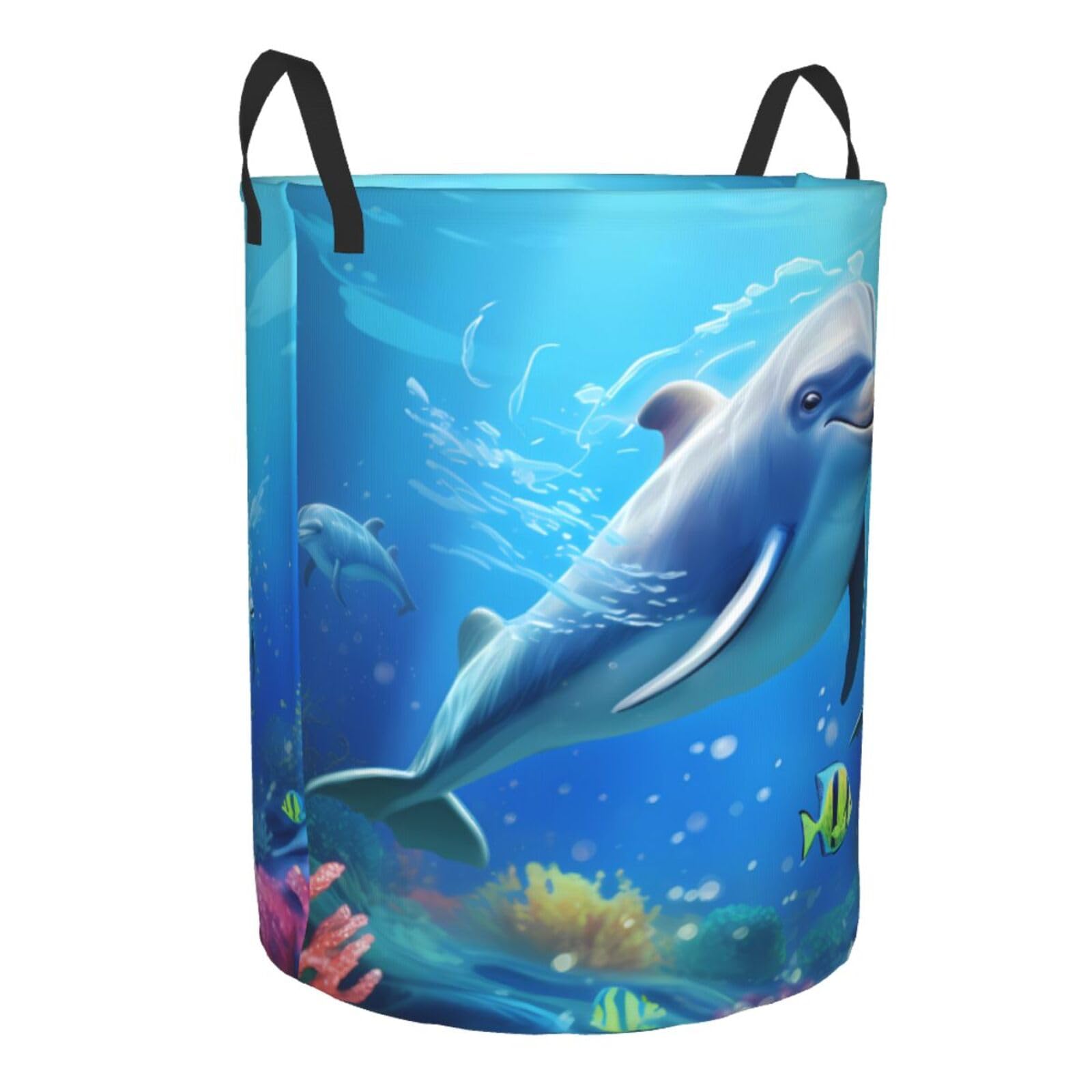 Cute Dolphin Printed Circular Hamper Laundry Basket For Bathroom Toy Storage Organizer Basket Collapsible Round With Handles Laundry Hamper