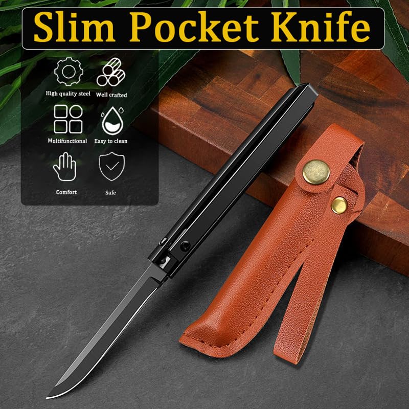 2 Piece Slim Pocket Knife, Slim EDC Knife with Leather Case, Folding Knife with Glass Breaker for Home Using, Outdoor Camping, Fishing, Hunting, Black