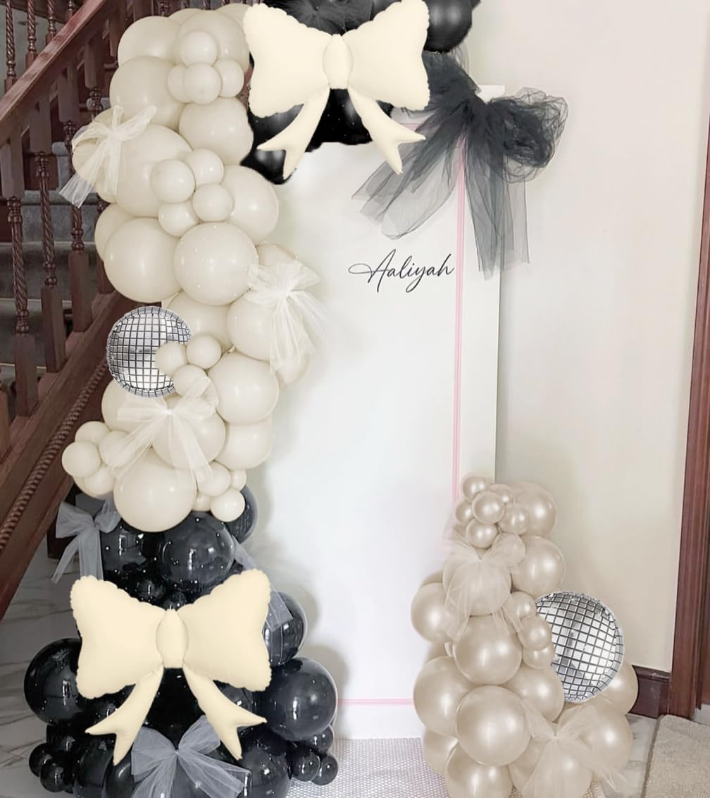 Bow Balloon Garland Arch Kit, 146 Pcs Black and White Bowtie Iridescent Disco Ball Foil Balloon for Birthday Anniversary Wedding Bridal Gender Reveal Supplies Bachelorette Tea Ribbon Party Decoration